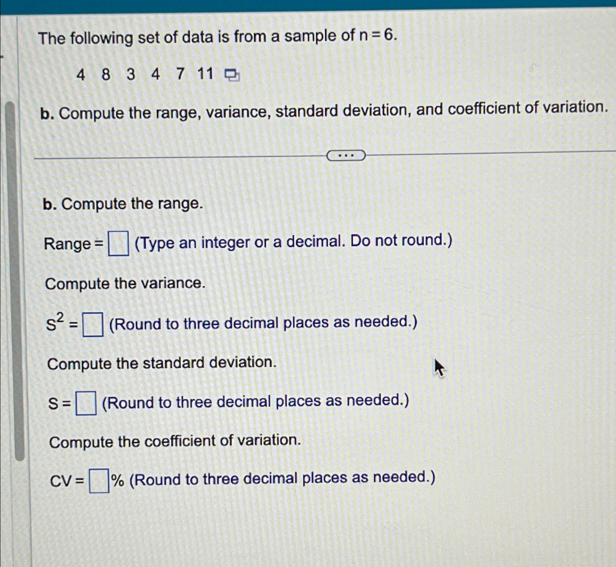 Solved The following set of data is from a sample of | Chegg.com