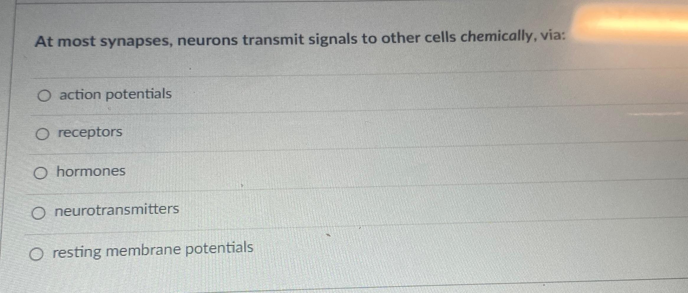 Solved At most synapses, neurons transmit signals to other | Chegg.com