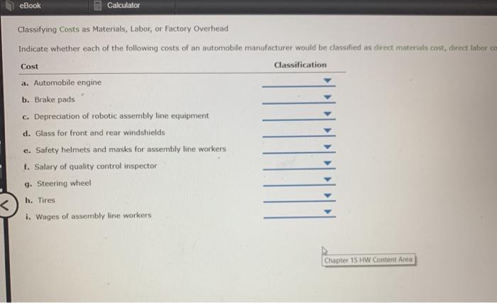 Solved eBook Calculator Cost Classifying Costs as Materials, | Chegg.com