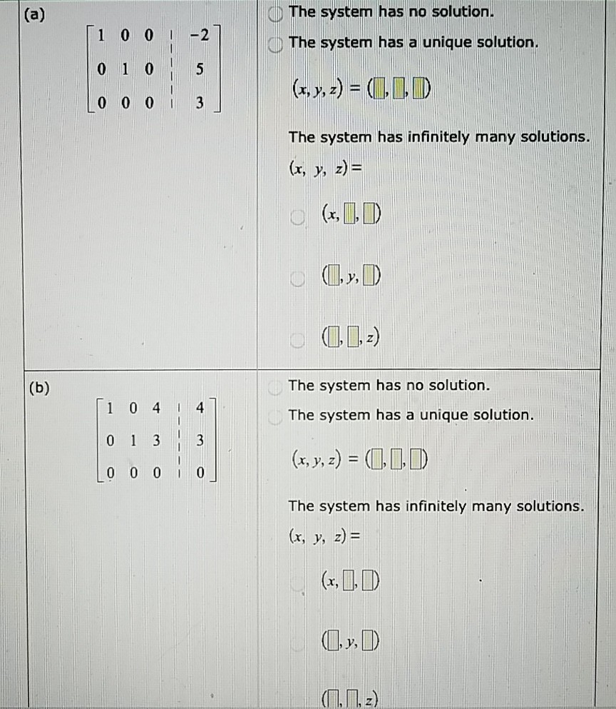 Solved (a) The system has no solution. -2 The system has a | Chegg.com