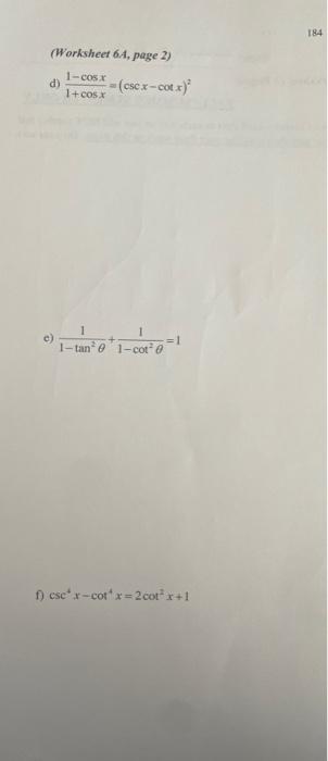 Solved Worksheet 6 A - Proving Identities Worksheet (3 | Chegg.com