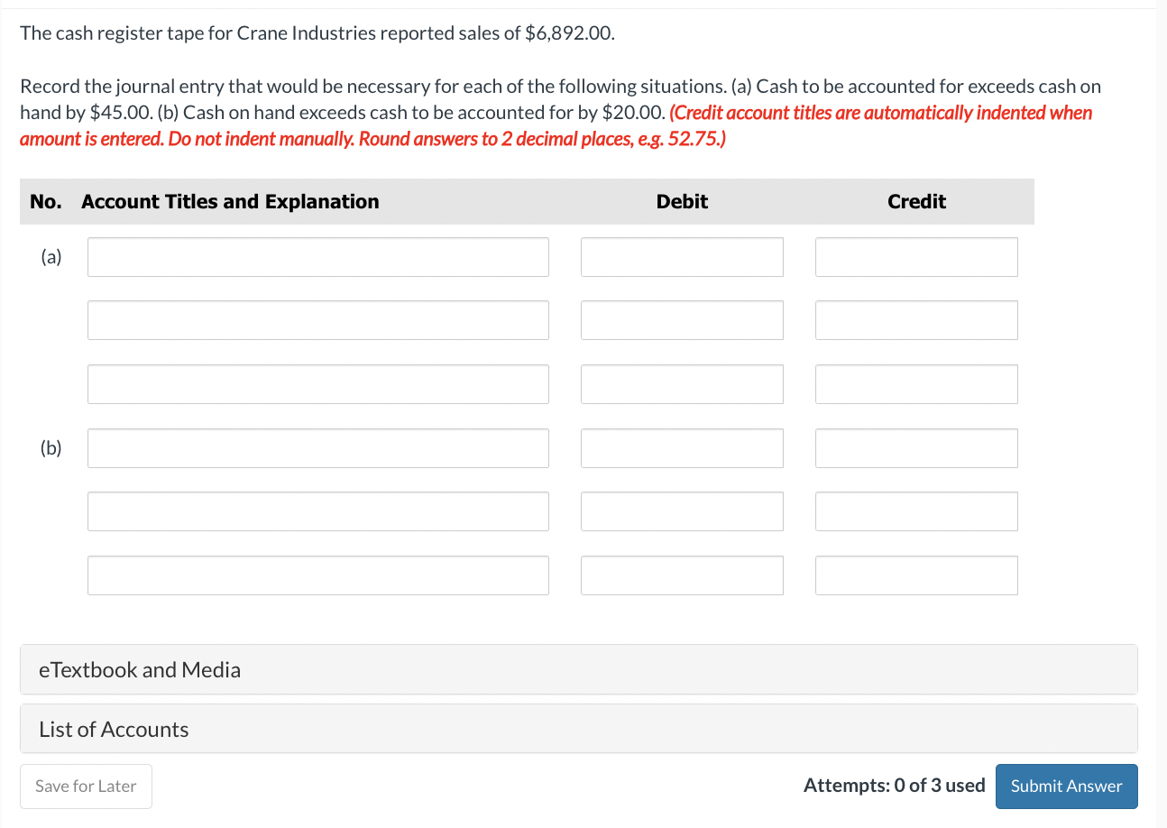 Solved The cash register tape for Crane Industries reported | Chegg.com