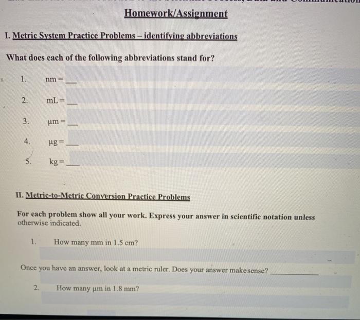 Solved Homework/Assignment I. Metric System Practice | Chegg.com
