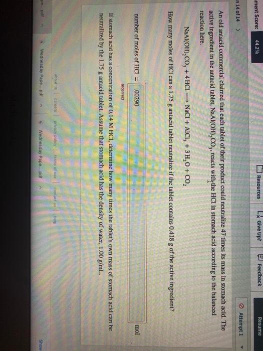 Solved LX Give Up? Resources El Feedback Resume ment Score: | Chegg.com