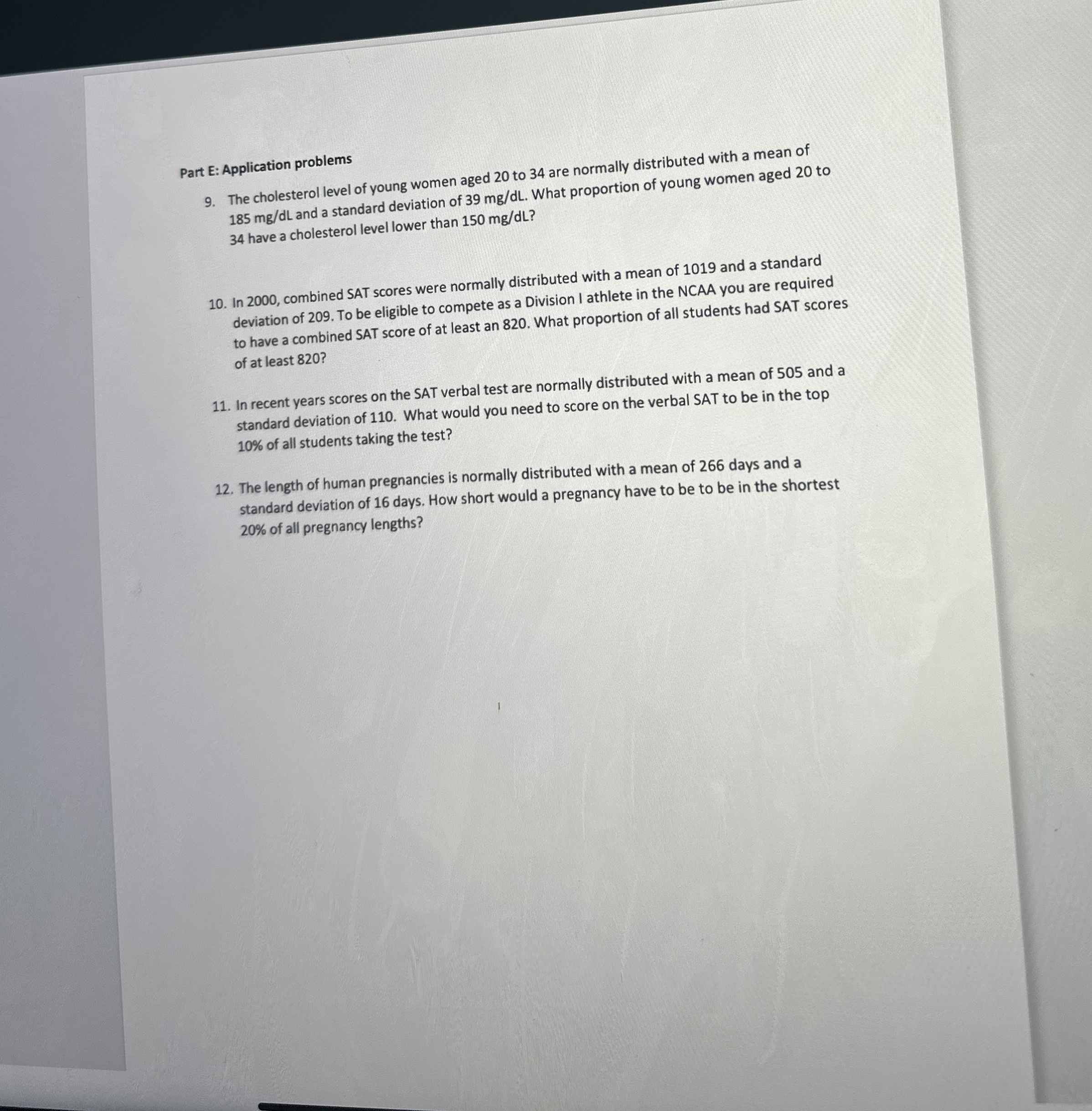 Solved Part E: Application problems9. ﻿The cholesterol level | Chegg.com