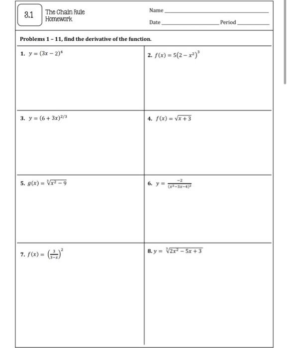 Solved Name 3.1 The Chain Rule Homework Date Period Problems | Chegg.com
