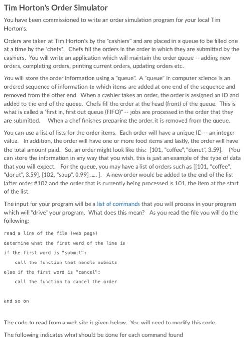 Tim Horton's Order Simulator You have been | Chegg.com