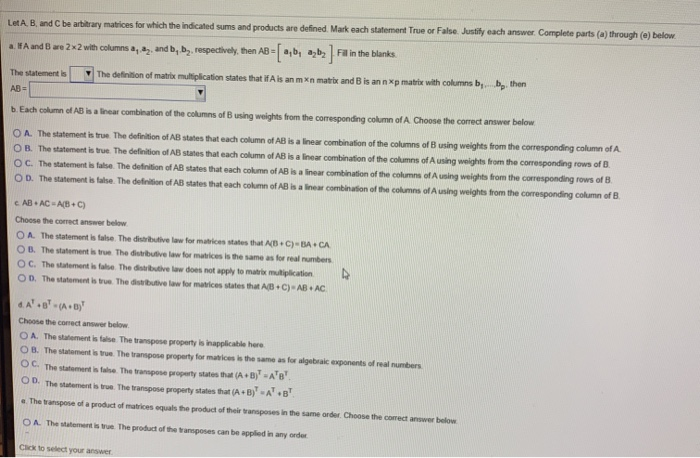 Solved Let A Band C be arbitrary matrices for which the | Chegg.com