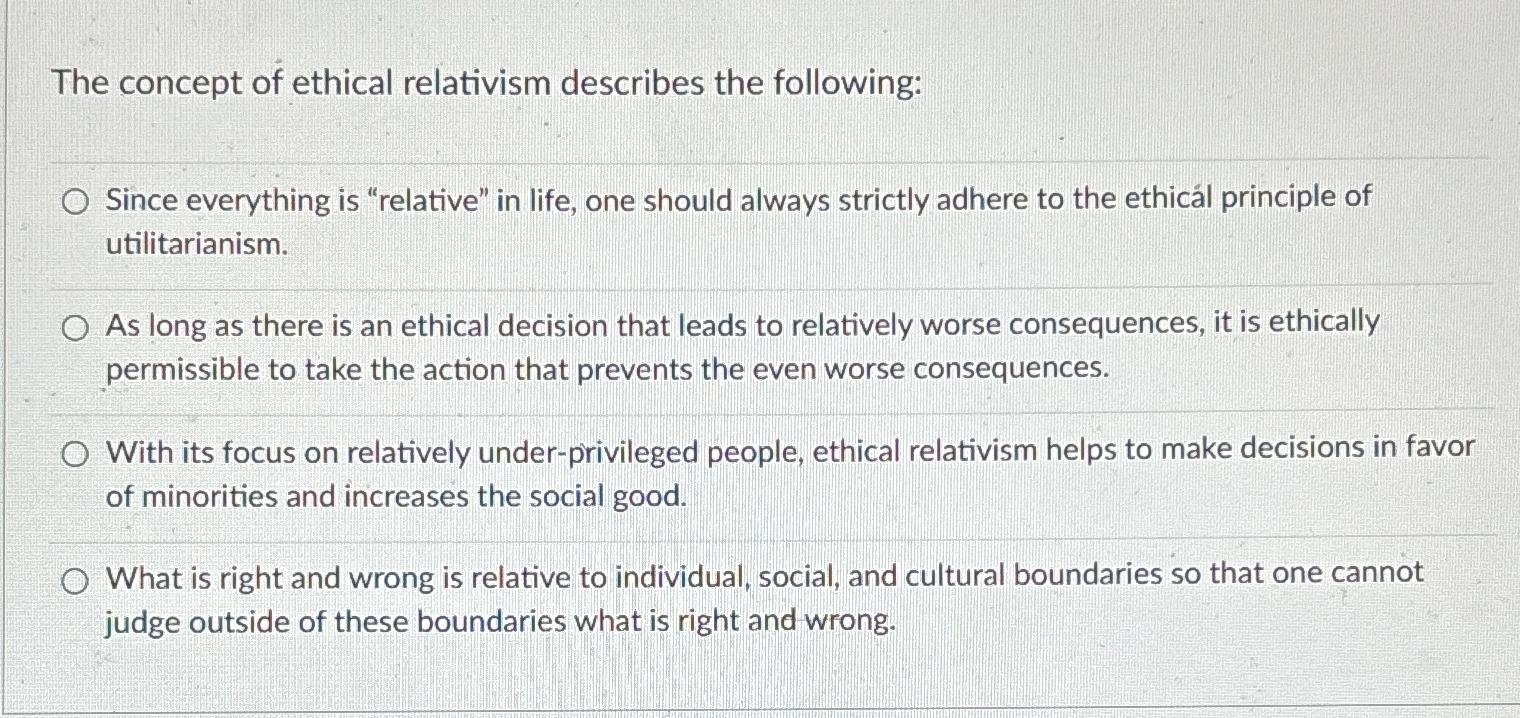 Solved The concept of ethical relativism describes the | Chegg.com
