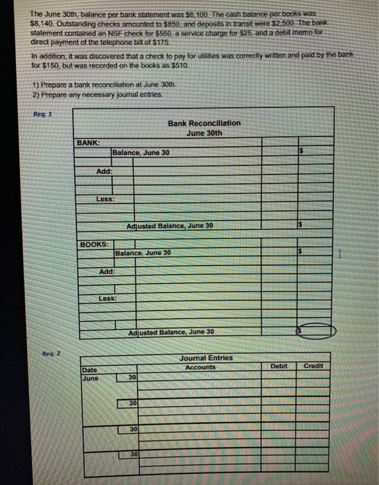 Solved The June 30th, balance per bank statement was $6,100. | Chegg.com