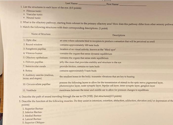 Solved Last Name: First Name: 1. List the structures in each | Chegg.com