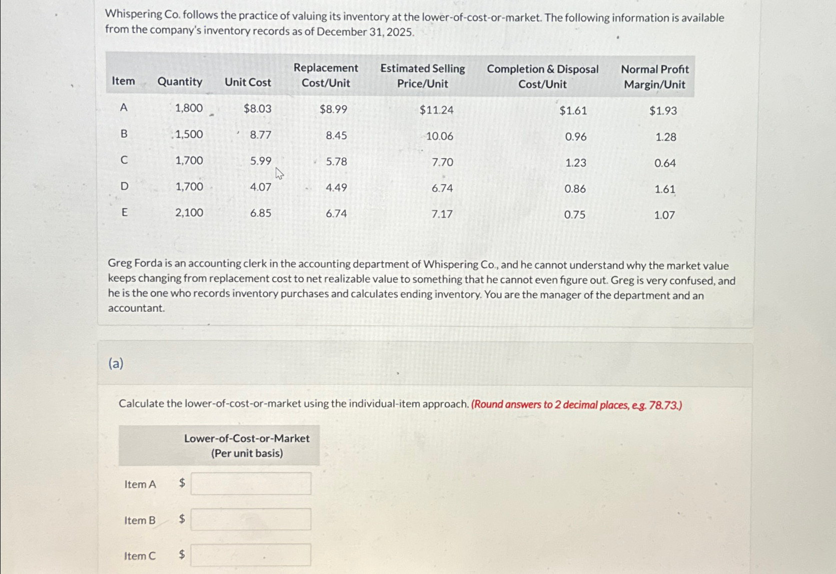 Solved Whispering Co. ﻿follows the practice of valuing its | Chegg.com