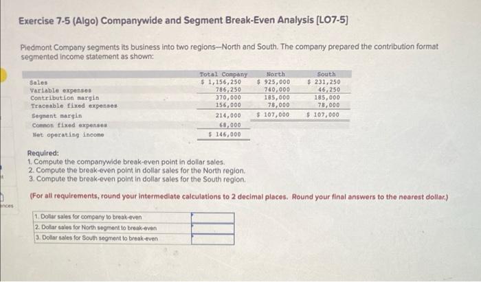 Solved Exercise 7-5 (Algo) Companywide and Segment | Chegg.com