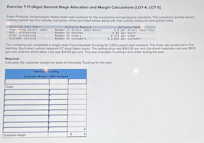 Solved Exercise 7-11 (Algo) Second-Stage Allocation and | Chegg.com