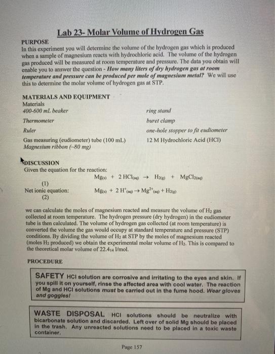Lab 23- Molar Volume of Hydrogen Gas PURPOSE In this | Chegg.com