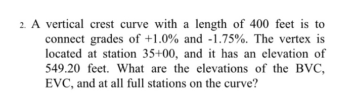 Solved 2. A vertical crest curve with a length of 400 feet | Chegg.com