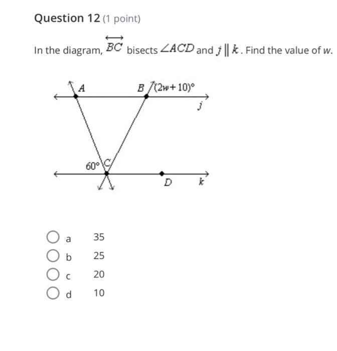 Solved In the diagram, BC bisects ∠ACD and j∥k. Find the | Chegg.com
