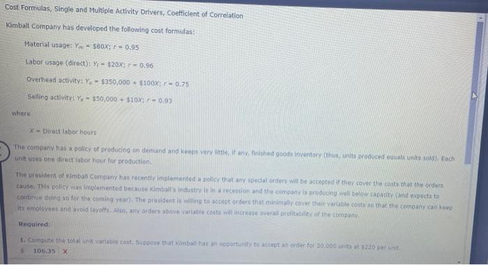 Solved Cost Formulas, Single and Multiple Activity Drivers, | Chegg.com