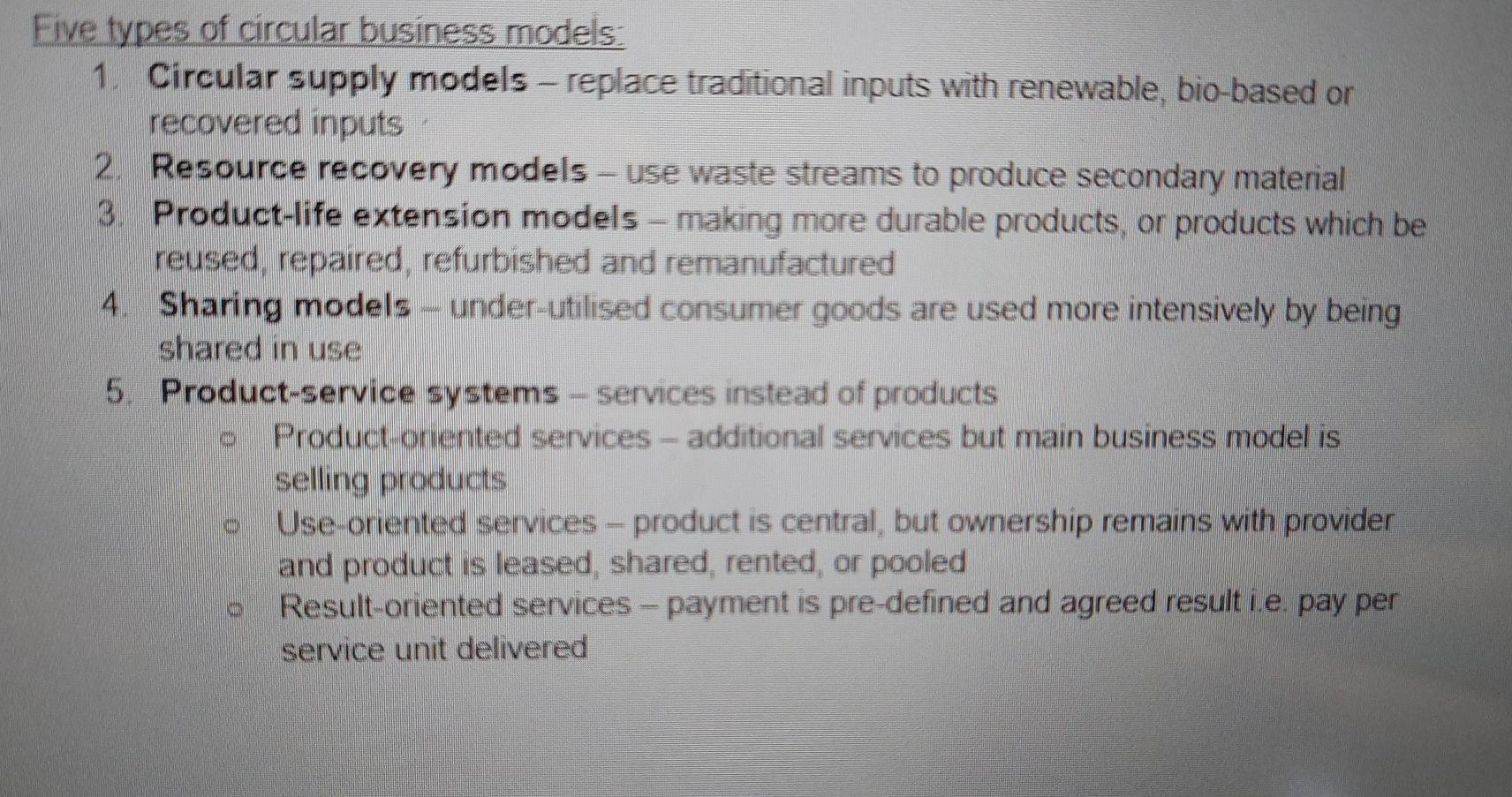 Solved Five types of circular business models: 1. Circular | Chegg.com