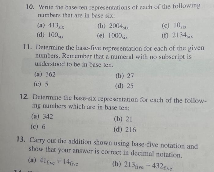 Solved 10. Write the base-ten representations of each of the | Chegg.com