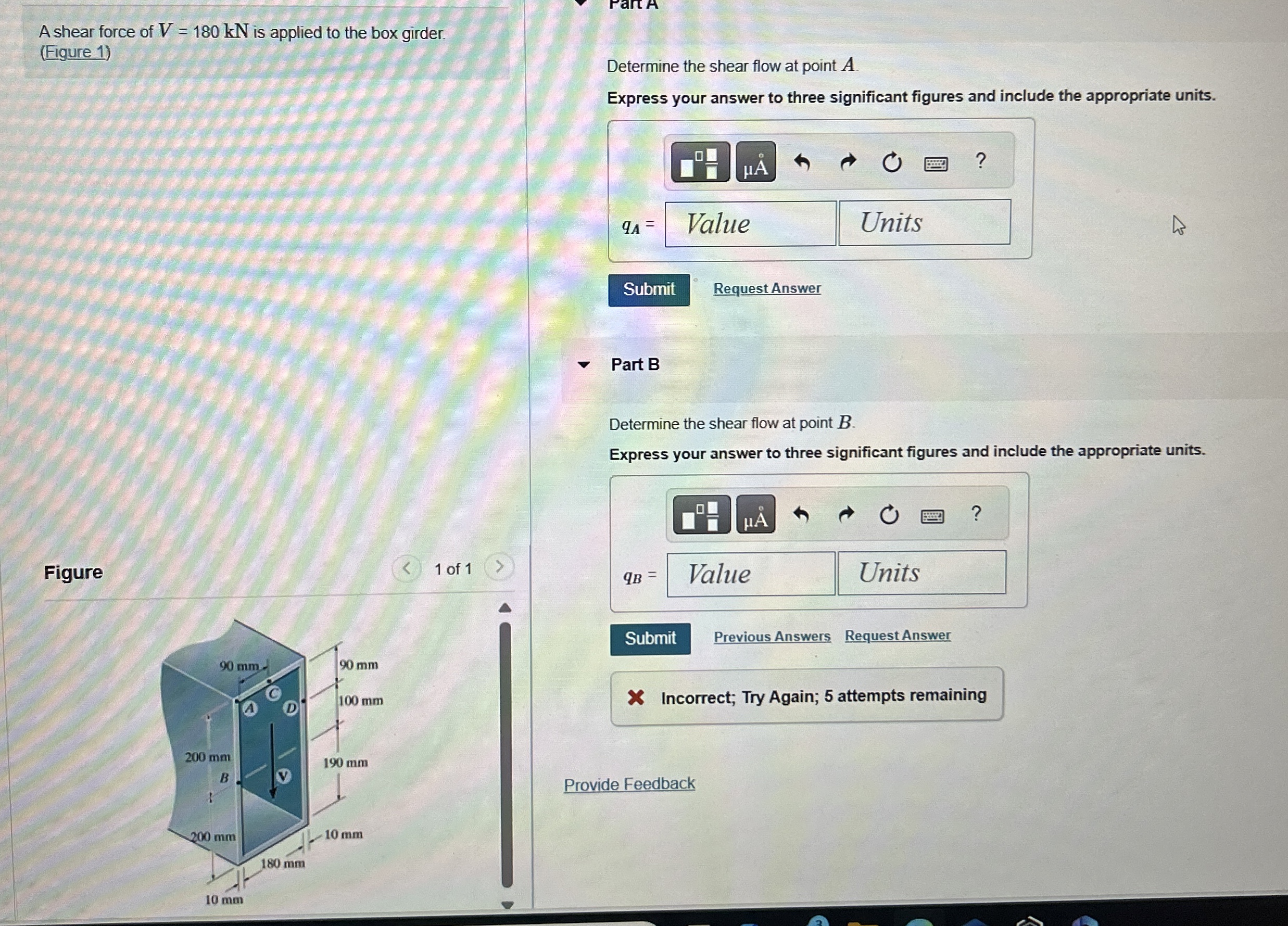 Solved A shear force of V=180kN ﻿is applied to the box | Chegg.com