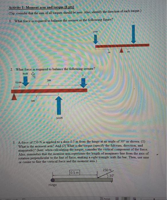 Solved Activity 1: Moment arm and torque (6 pts) (Tip | Chegg.com