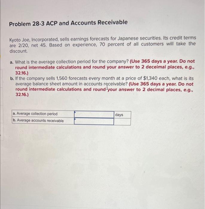 Solved Problem 28-3 ACP and Accounts Receivable Kyoto Joe, | Chegg.com