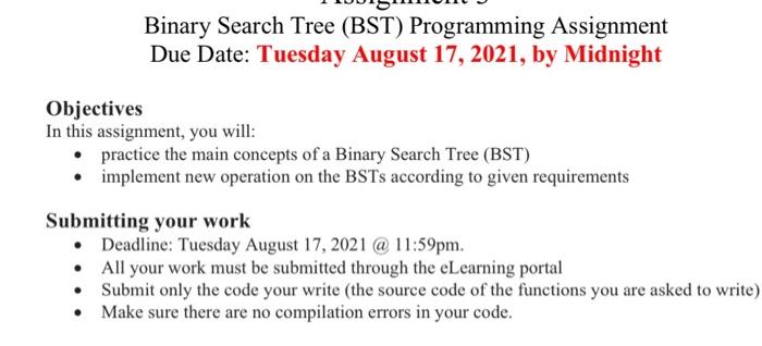 Solved Binary Search Tree Bst Programming Assignment Due