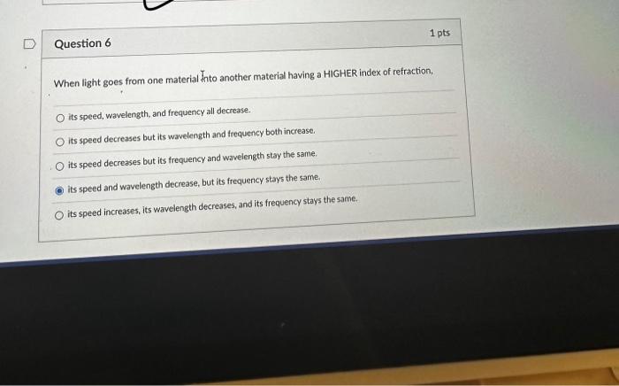 Solved Question 6 1 pts When light goes from one material | Chegg.com