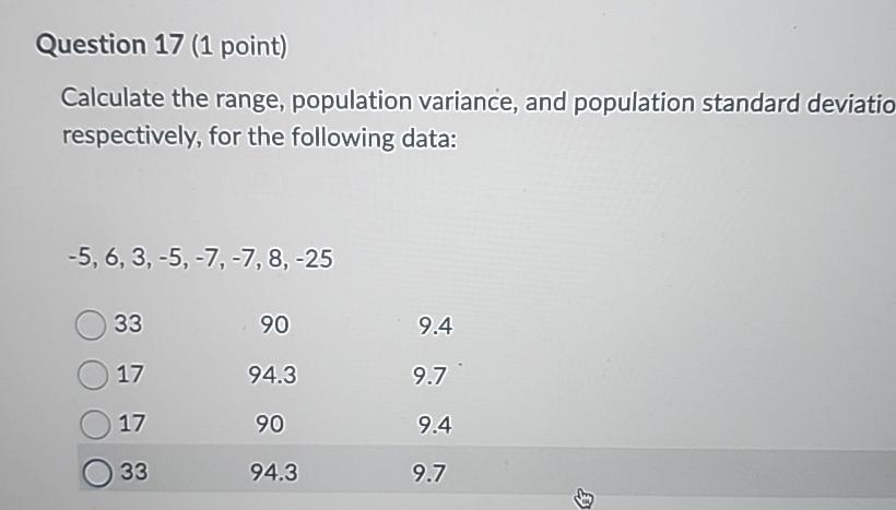 Solved Question 17 (1 ﻿point)Calculate the range, population | Chegg.com