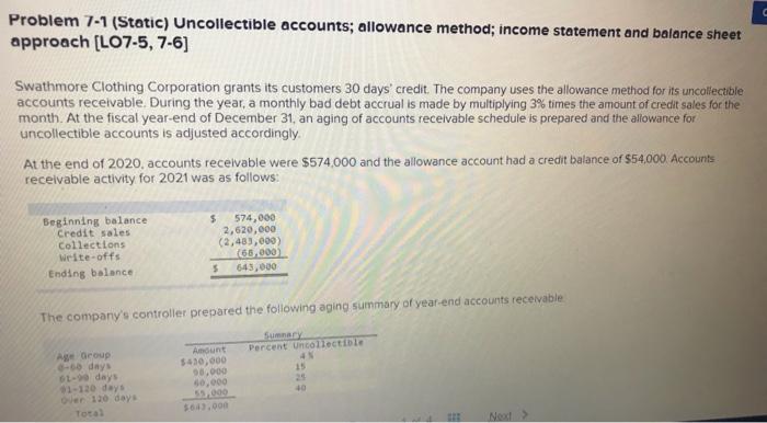 Problem 7-1 (Static) Uncollectible accounts; | Chegg.com