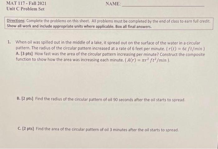 MAT 117 - Fall 2021 Unit C Problem Set NAME: | Chegg.com