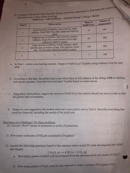 1 19. A student collected the following data during a | Chegg.com