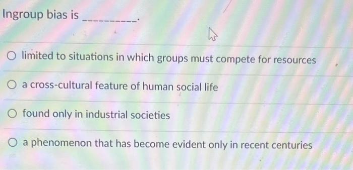 Solved Ingroup bias is limited to situations in which groups | Chegg.com