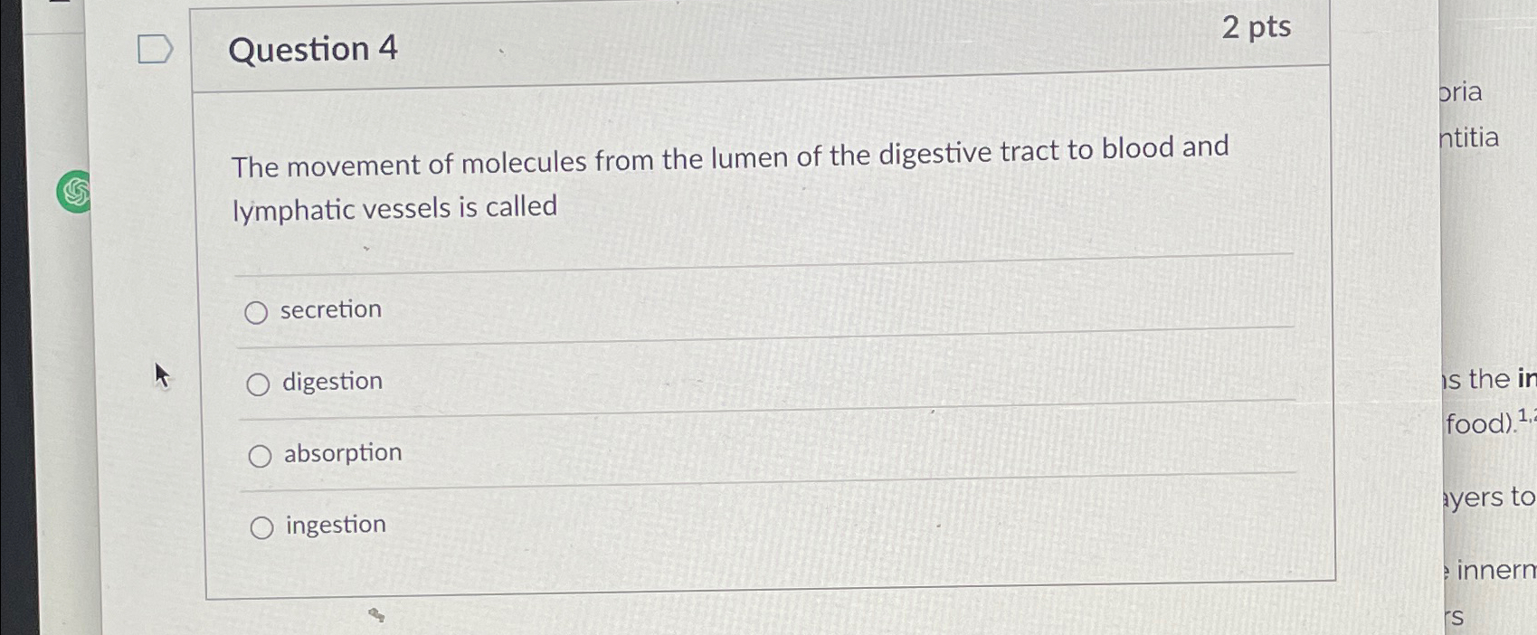 Solved Question 42 ﻿ptsThe movement of molecules from the | Chegg.com