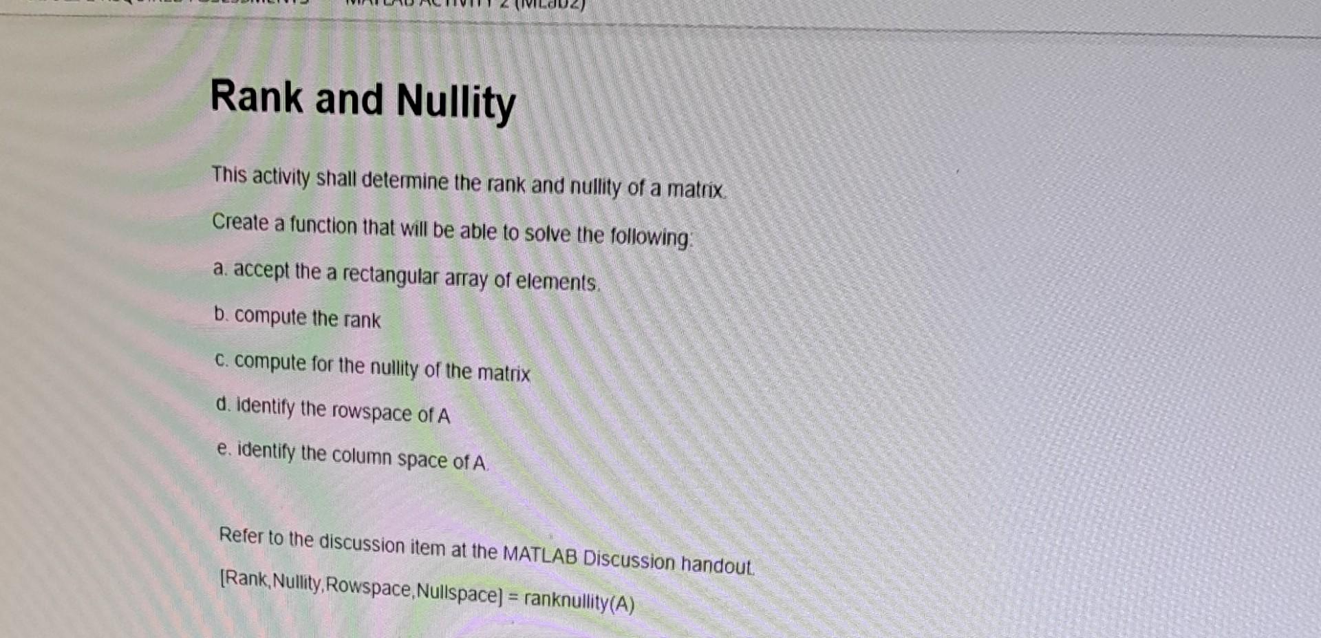 Solved output argument nulspace and possibly others not | Chegg.com