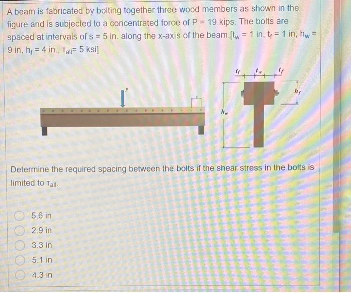 Solved A beam is fabricated by bolting together three wood | Chegg.com