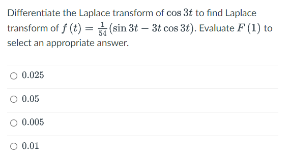 Solved Differentiate the Laplace transform of cos3t ﻿to find | Chegg.com