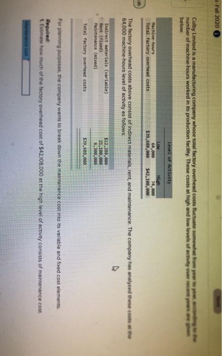 Solved t-Fall 2020 0 Colby Limited is a manufacturing | Chegg.com