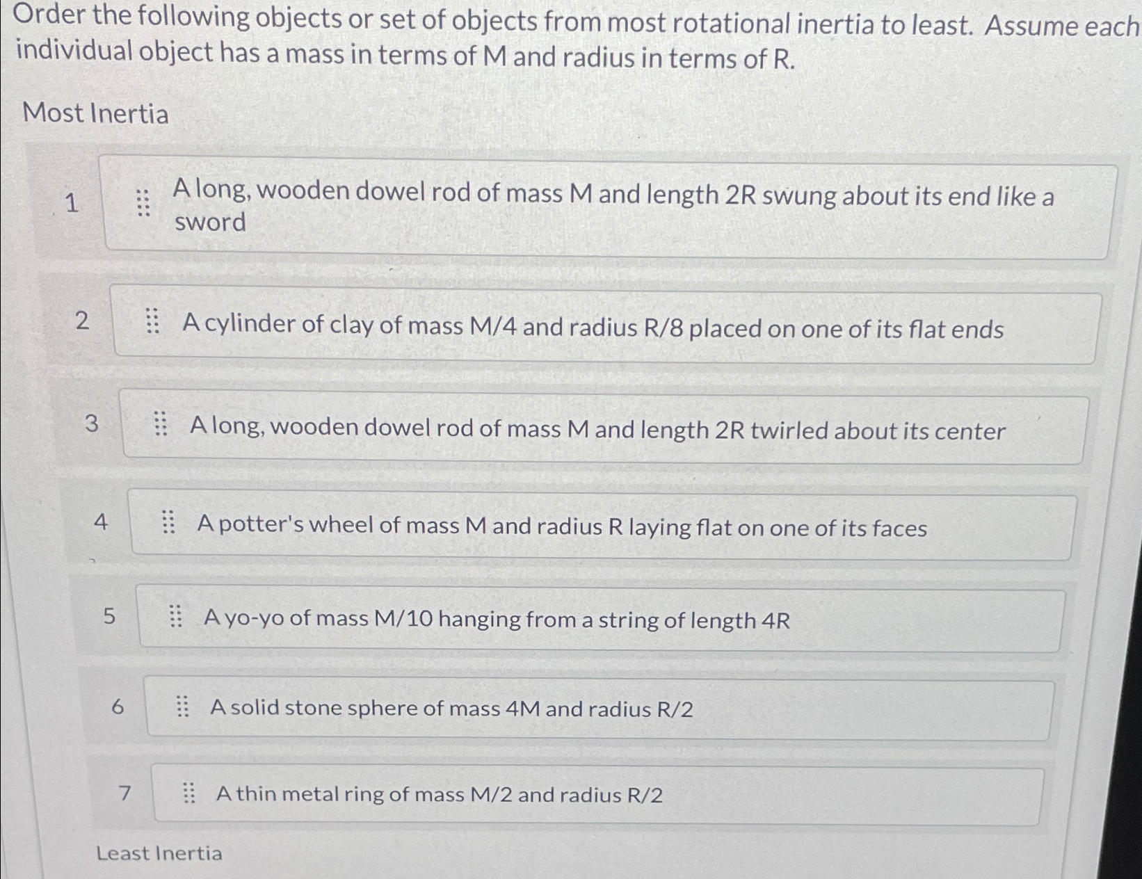 Order the following objects or set of objects from | Chegg.com