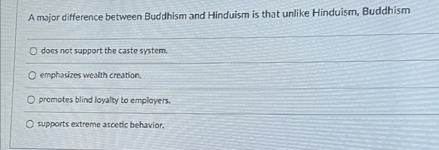 Solved A major difference between Buddhism and Hinduism is | Chegg.com