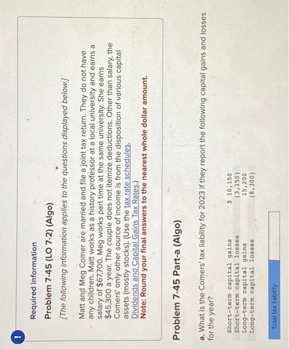 Solved Required information Problem 7-45 (LO 7-2) (Algo) | Chegg.com