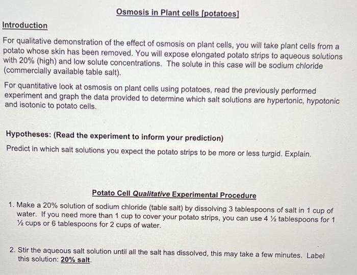 Solved Osmosis in Plant cells (potatoes Introduction For | Chegg.com