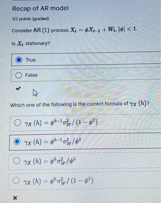 Recap of AR model 1/2 points (graded) Consider AR (1) | Chegg.com