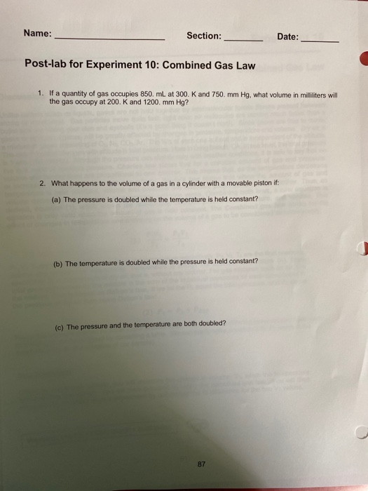 Solved Name: Section: Date: Post-lab for Experiment 10: | Chegg.com