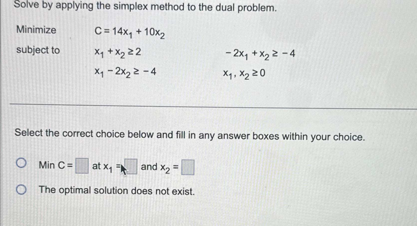 Solved Solve by applying the simplex method to the dual | Chegg.com