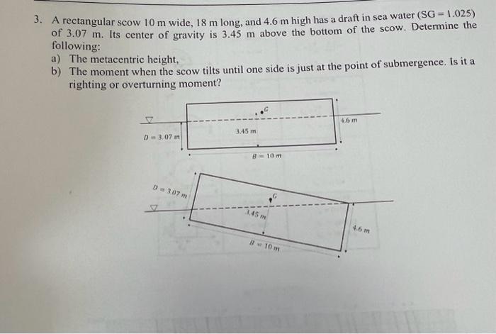 Solved 3. A rectangular scow 10 m wide, 18 m long, and 4.6 m | Chegg.com