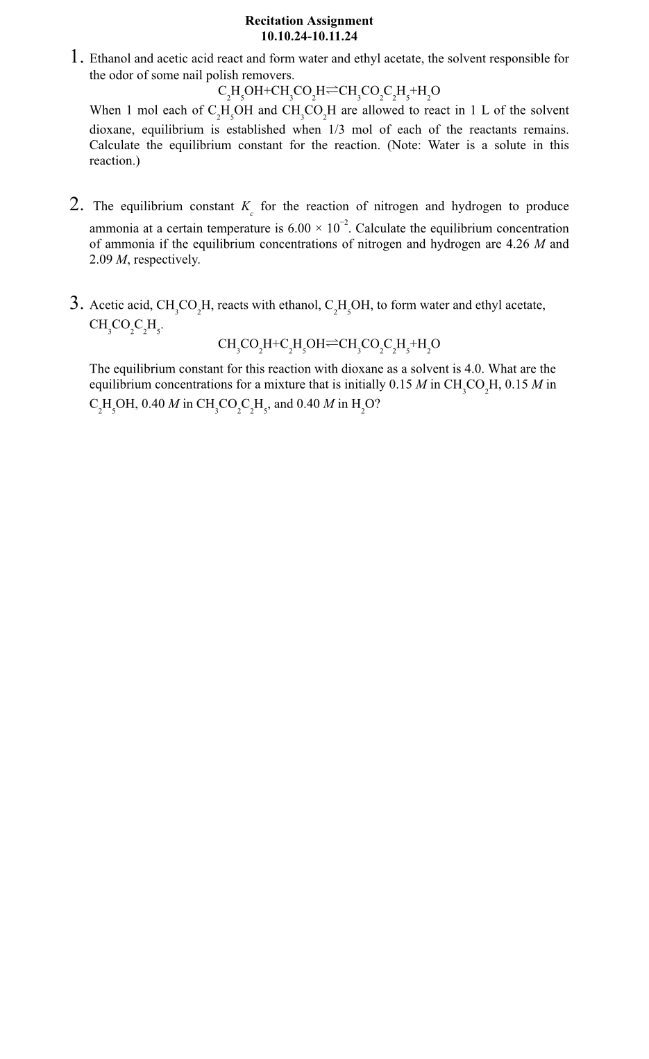 Solved Recitation Assignment 10.10.24-10.11.24Ethanol and | Chegg.com