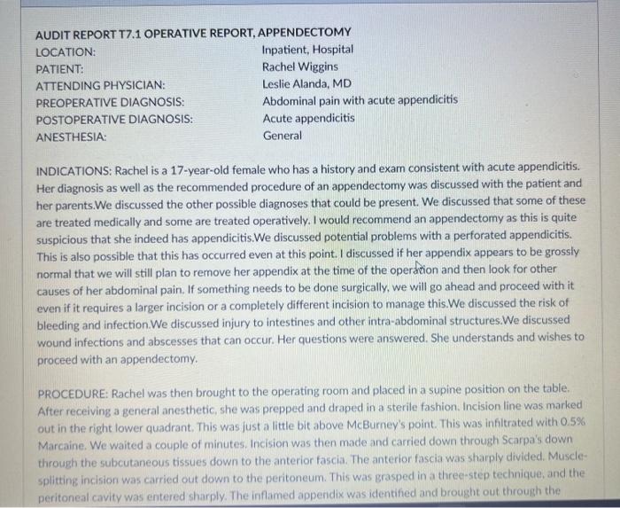 Solved AUDIT REPORT T7.1 OPERATIVE REPORT, APPENDECTOMY | Chegg.com