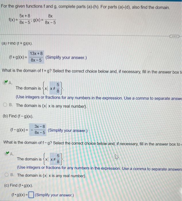 Solved For the given functions f and g, complete parts | Chegg.com